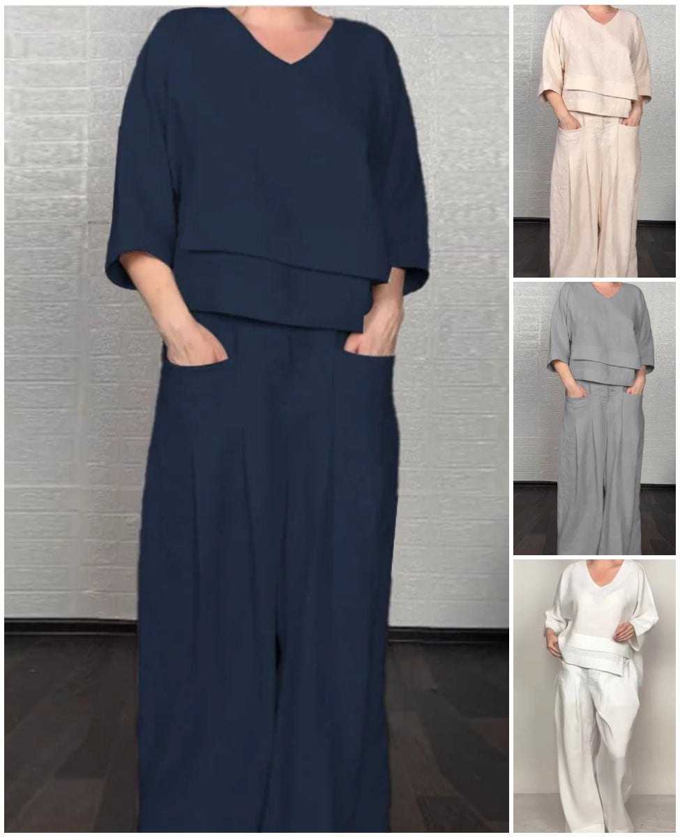 🌿Set din două piese casual cu mânecă scurtă din bumbac și in – casseen