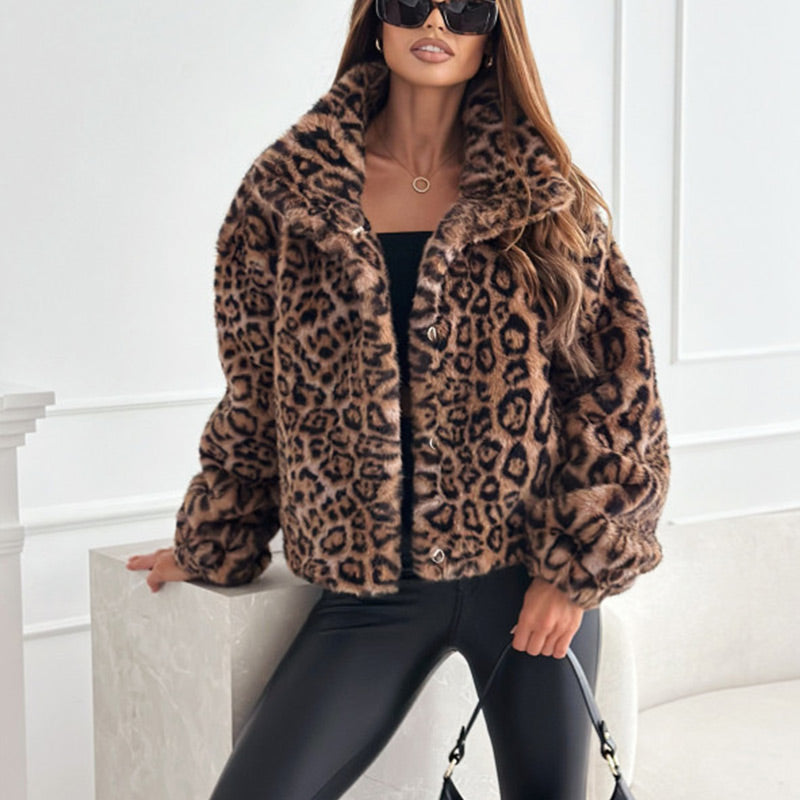 Leopard Print Fluffy Jacheta pentru femei – casseen