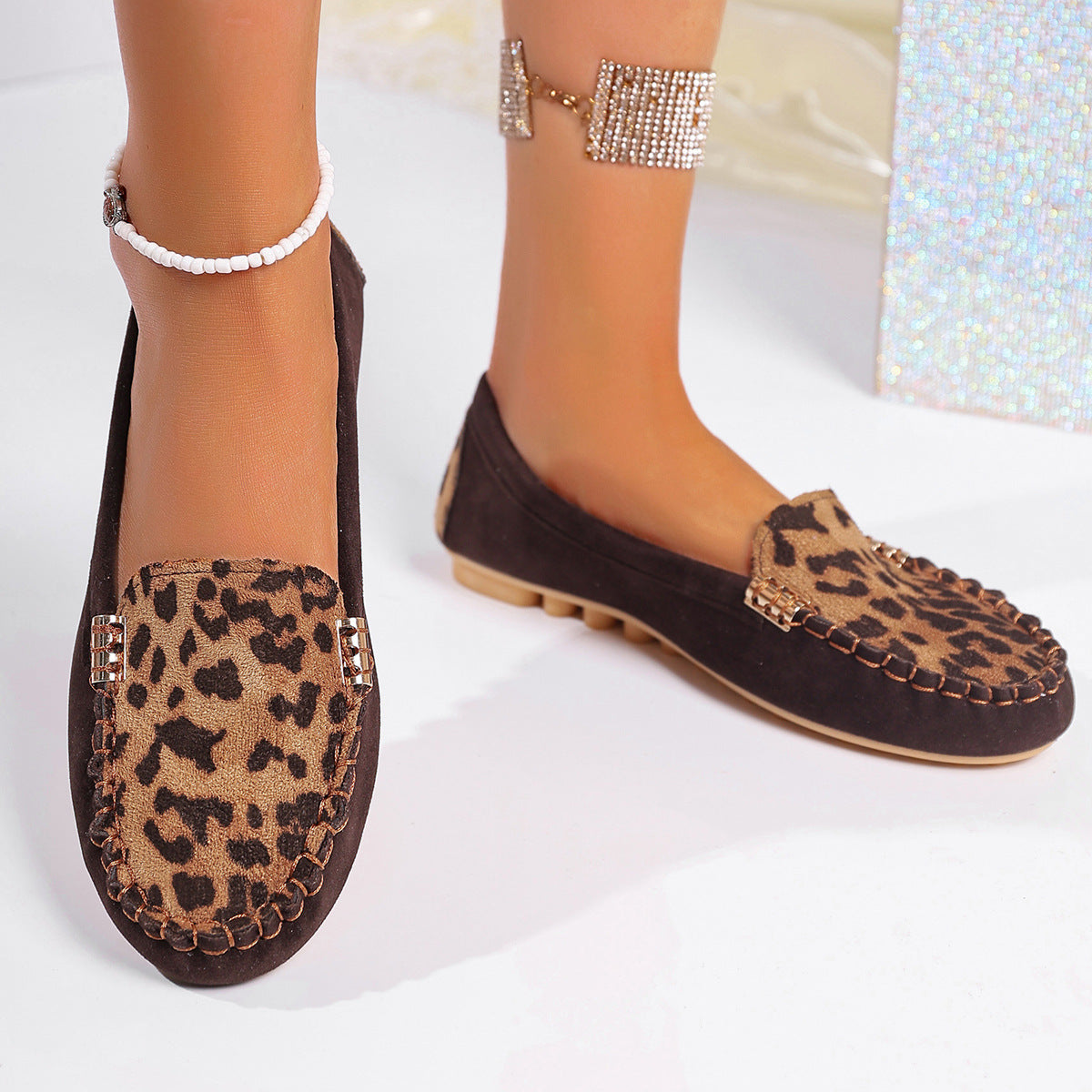 Mocasini de modă pentru femei cu imprimare de leopard Patchwork – casseen