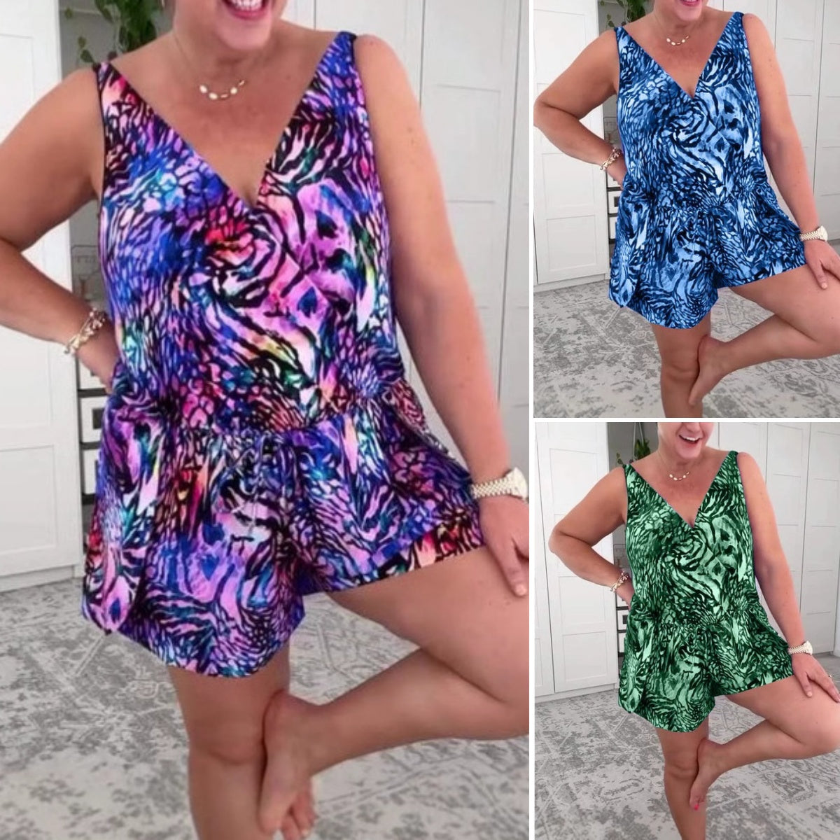 Costum de baie imprimat fără mâneci, cu decolteu în V – casseen